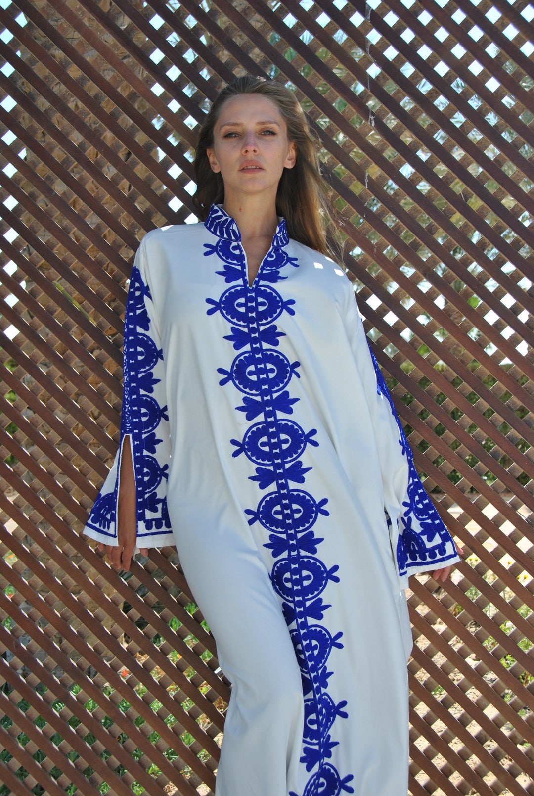 Elegant White Embroidered Kaftan Dress Cotton Caftan Max Dress Long