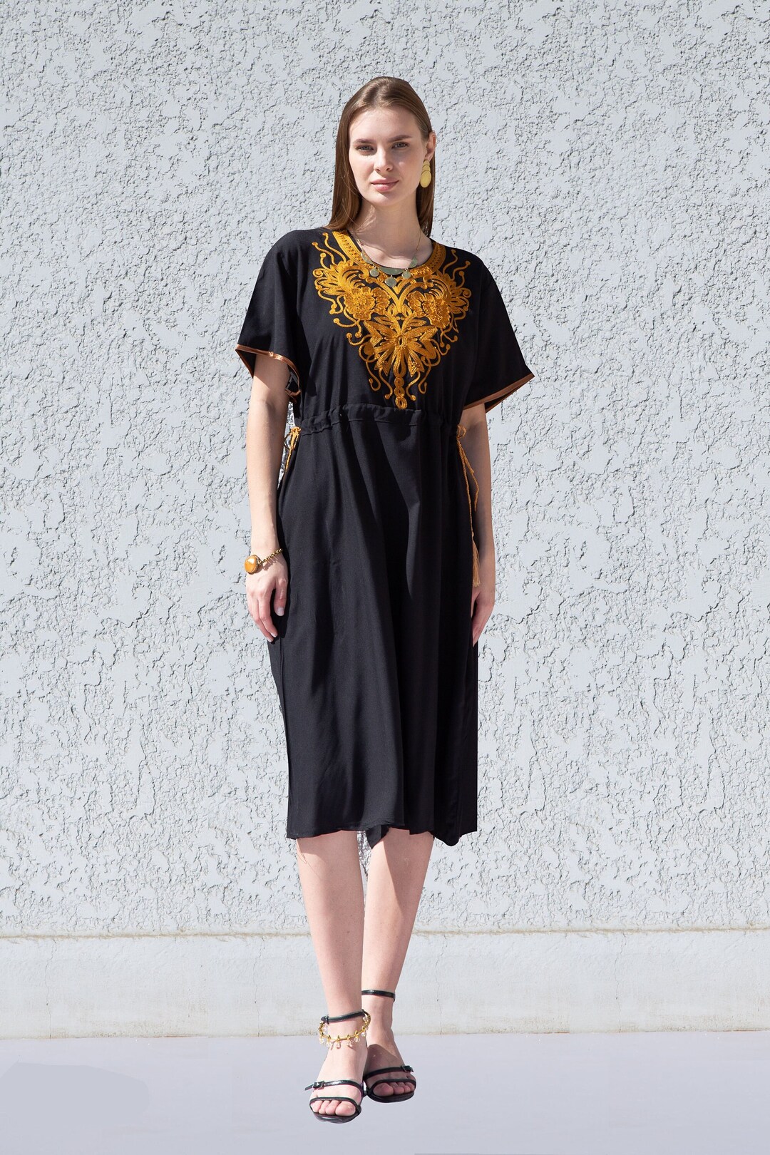Short Black Tunic Kaftan Dress, Bohemian Embroidery Tunic Dress ...