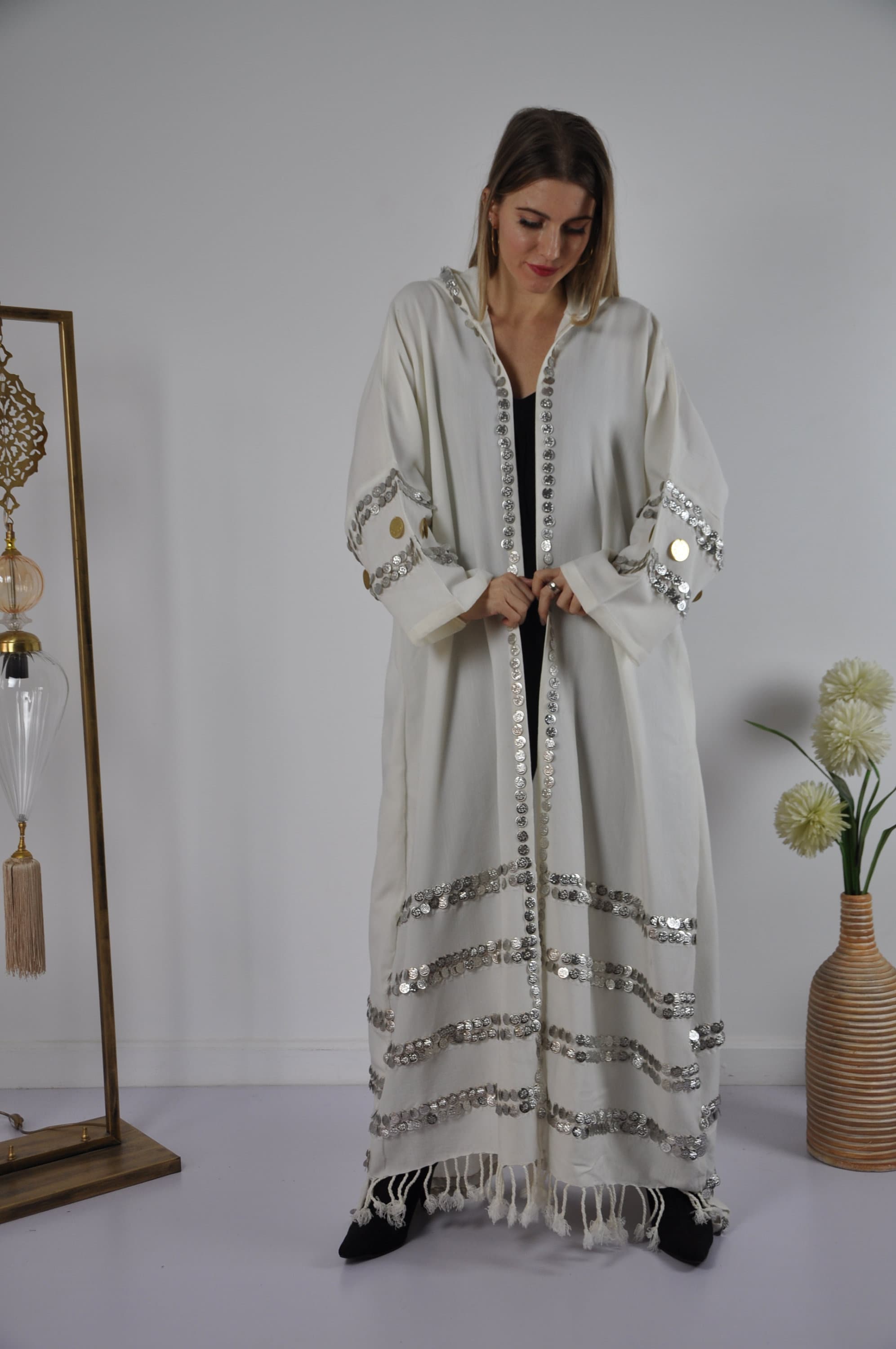 Off White Vintage Morocco Kimono, Handmade Abaya, Summer Abaya, Hooded ...