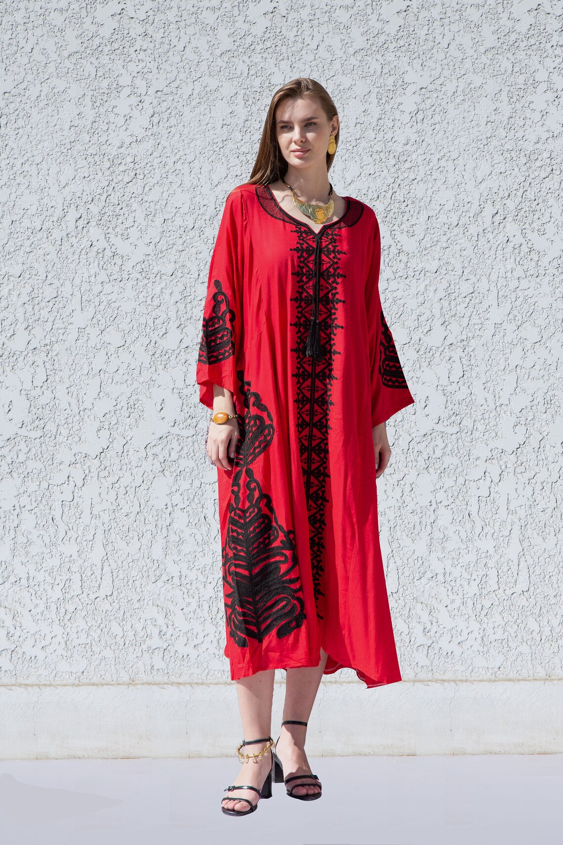 Red Cotton Embroidered Caftan, Women Caftan, Caftans, Moroccan ...