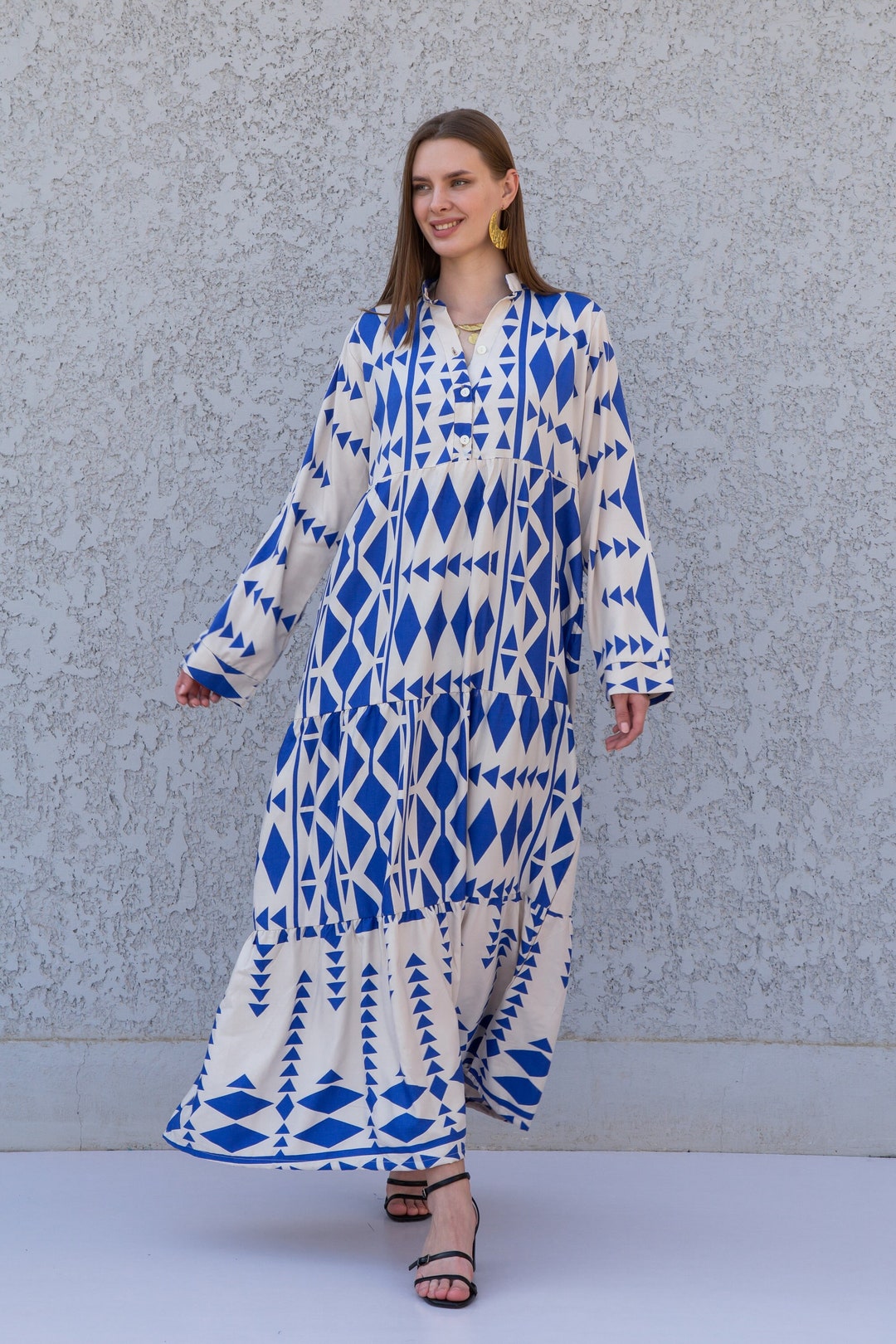 Beautiful Blue Print Kaftan Dress, Caftans for Women, Boho Kaftan Dress ...