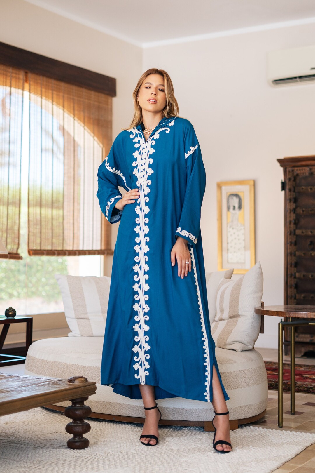 Luxurious Hooded Blue Embroidered Caftan, Cotton Summer Caftan, Chic ...