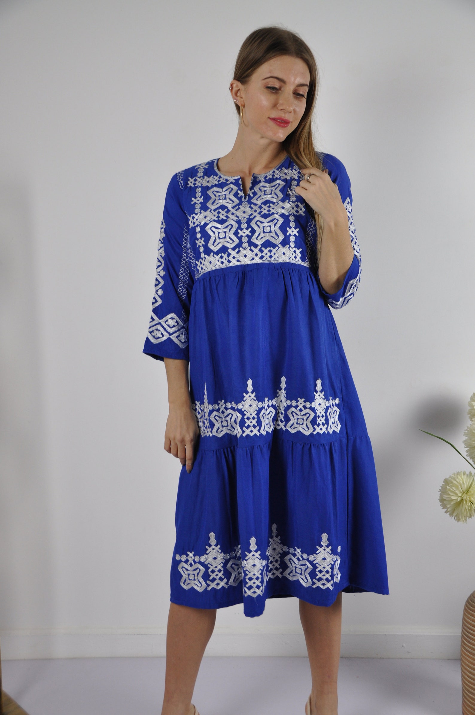 Blue Long Sleeve Embroidered Tunic Dress, Boho Tunic Dress, Summer ...
