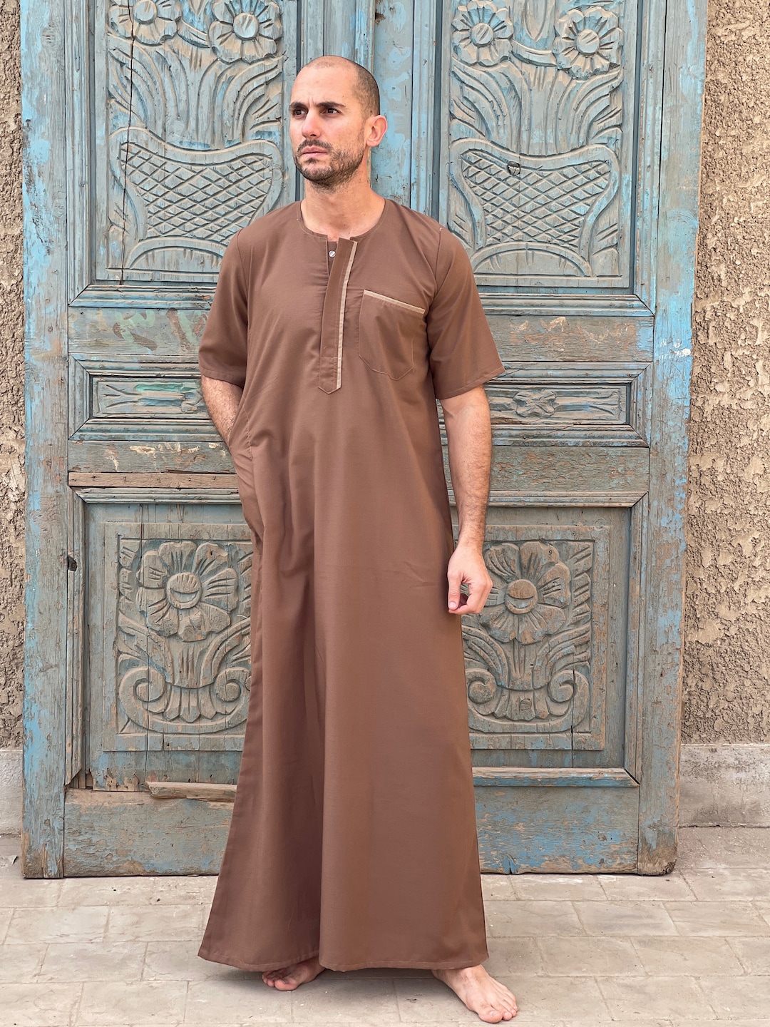 Brown Men's Kaftan, Short Sleeve Men's Kaftan, Cotton Men Caftan ...