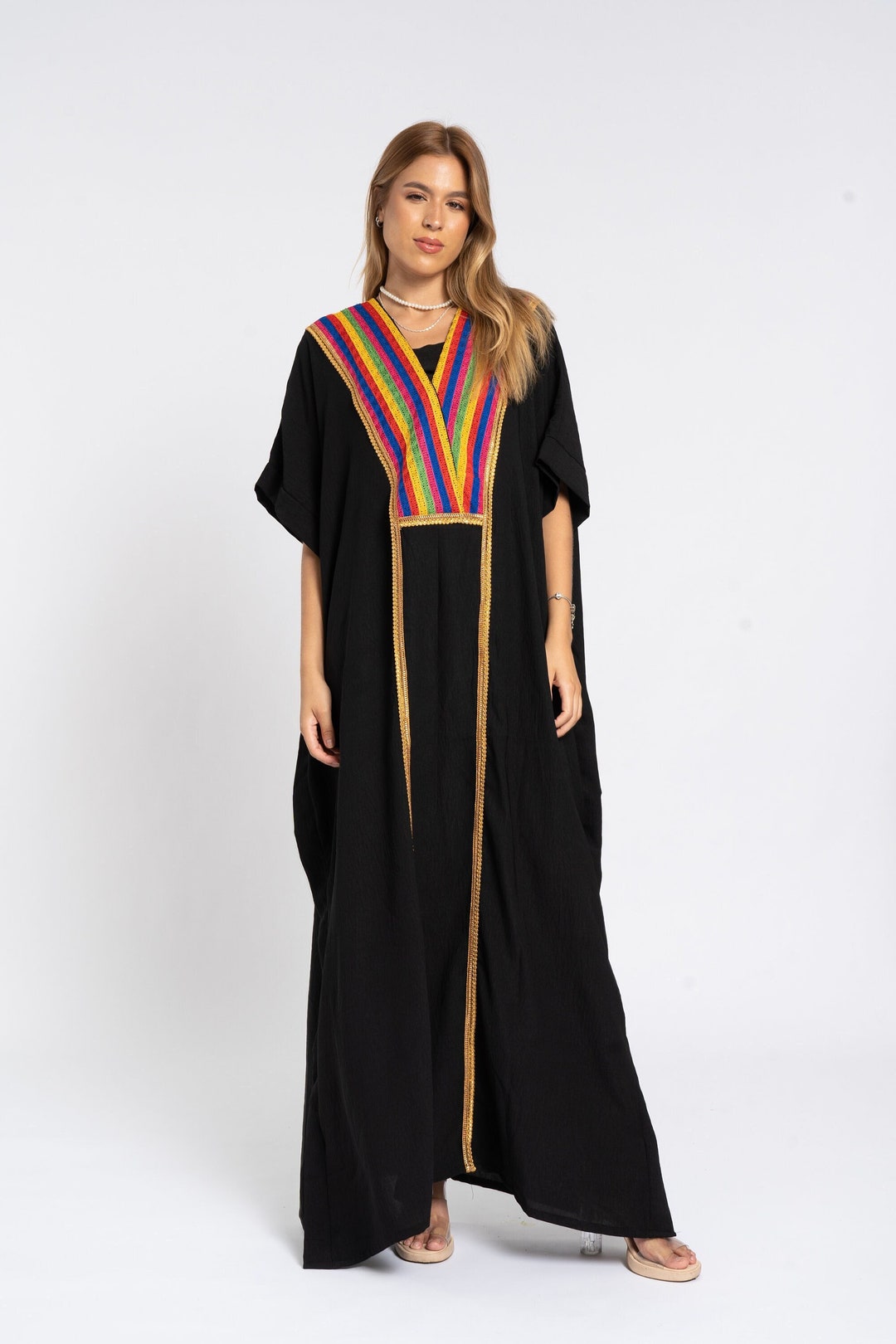 Boho Black Caftan for Women, Linen/poly Embroidered Caftan, Plus Size ...