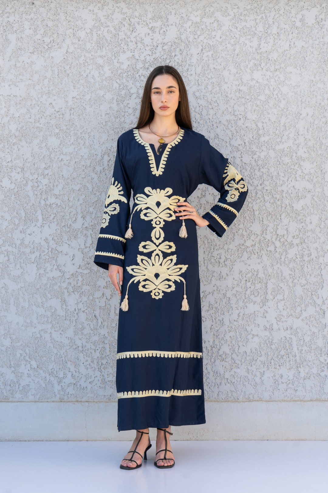 Navy Blue Egyptian Cotton Kaftan Dress, Caftans for Women, Boho Kaftan ...