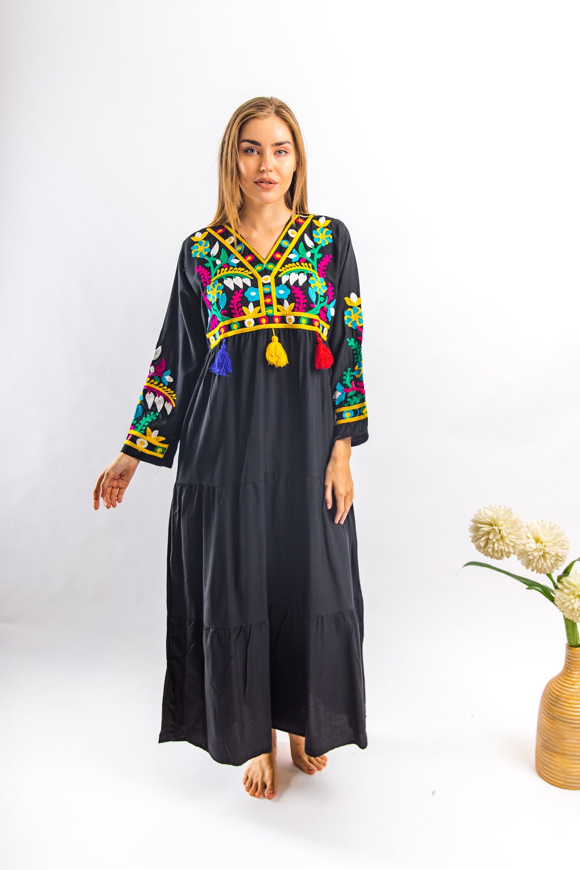 Black embroidered Caftan with tassels caftans for women | Etsy