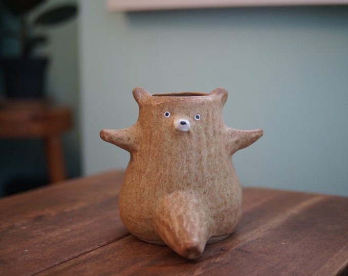Ceramic Handmade Matt Brown Yoga Bear Flower Pot Vase, Animal Pot, Bear ...