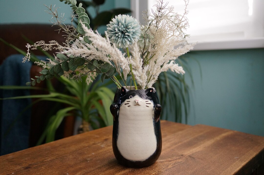 Ceramic Handmade Black Cat Flower Pot Vase, Animal Pot, Cat Sculpture ...
