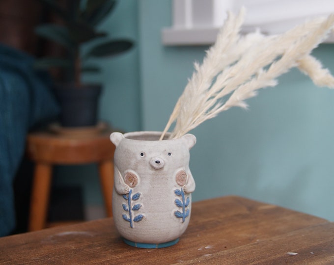Ceramic Handmade Spring White Bear Flower Pot Vase, Animal Pot, Cute ...