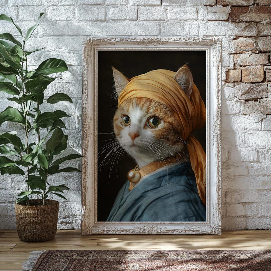 Cat With the Pearl Collar: Vermeer-inspired Feline Portrait for Elegant ...