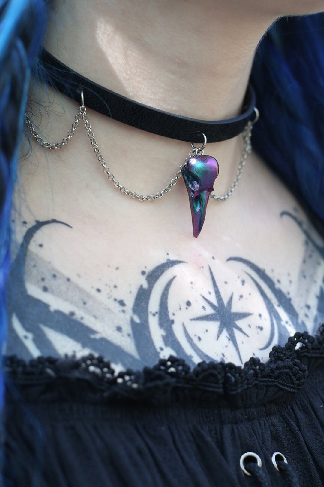 Chrome Raven Skull Choker With Chain Gothic Witch Jewellery - Etsy