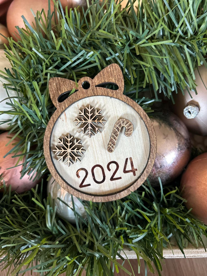 Christmas Ornaments Wood Engraved 2024 With Snowflakes and Candy Cane ...