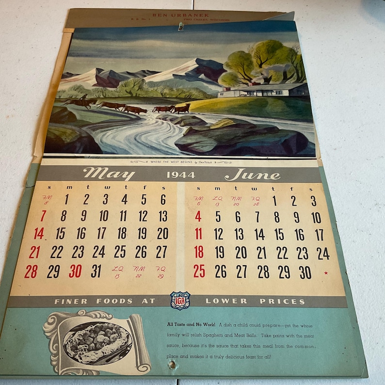 1944 Advertising Calendar - Ben Urbanek Two Rivers WI - Etsy
