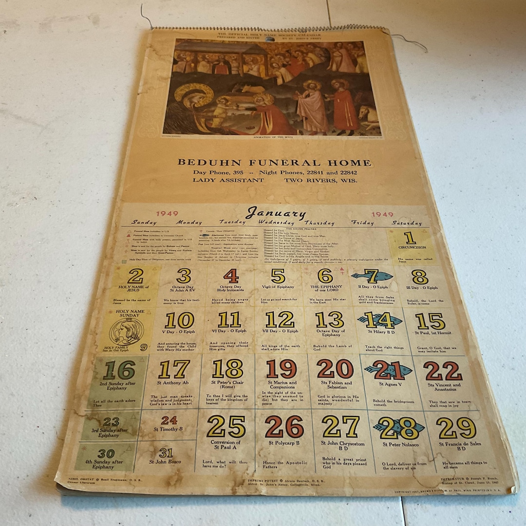 1949 Advertising Calendar - Beduhn Funeral Home Two Rivers WI - Etsy