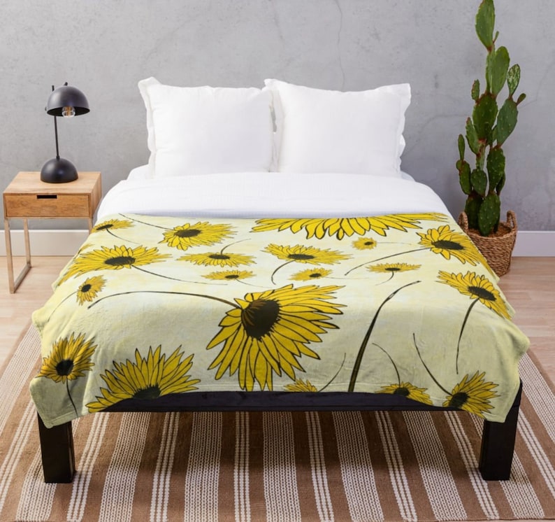 Yellow Daisy Print Throw Blanket Soft Fleece Machine | Etsy