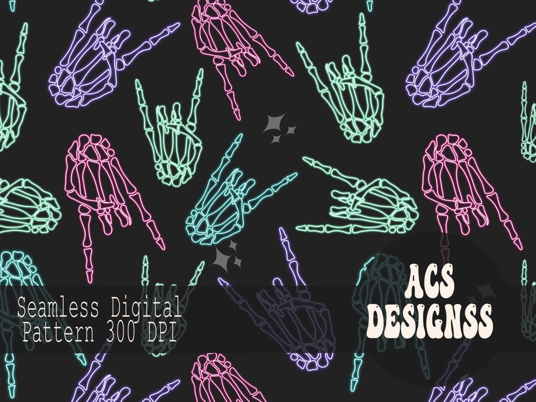 Neon Skeleton Hands Digital Paper | Seamless, Repeating Pattern ...