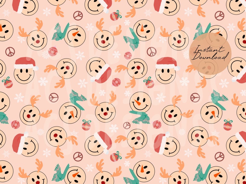 Christmas Smiley Reindeer Snowman Santa Digital Paper | Seamless ...