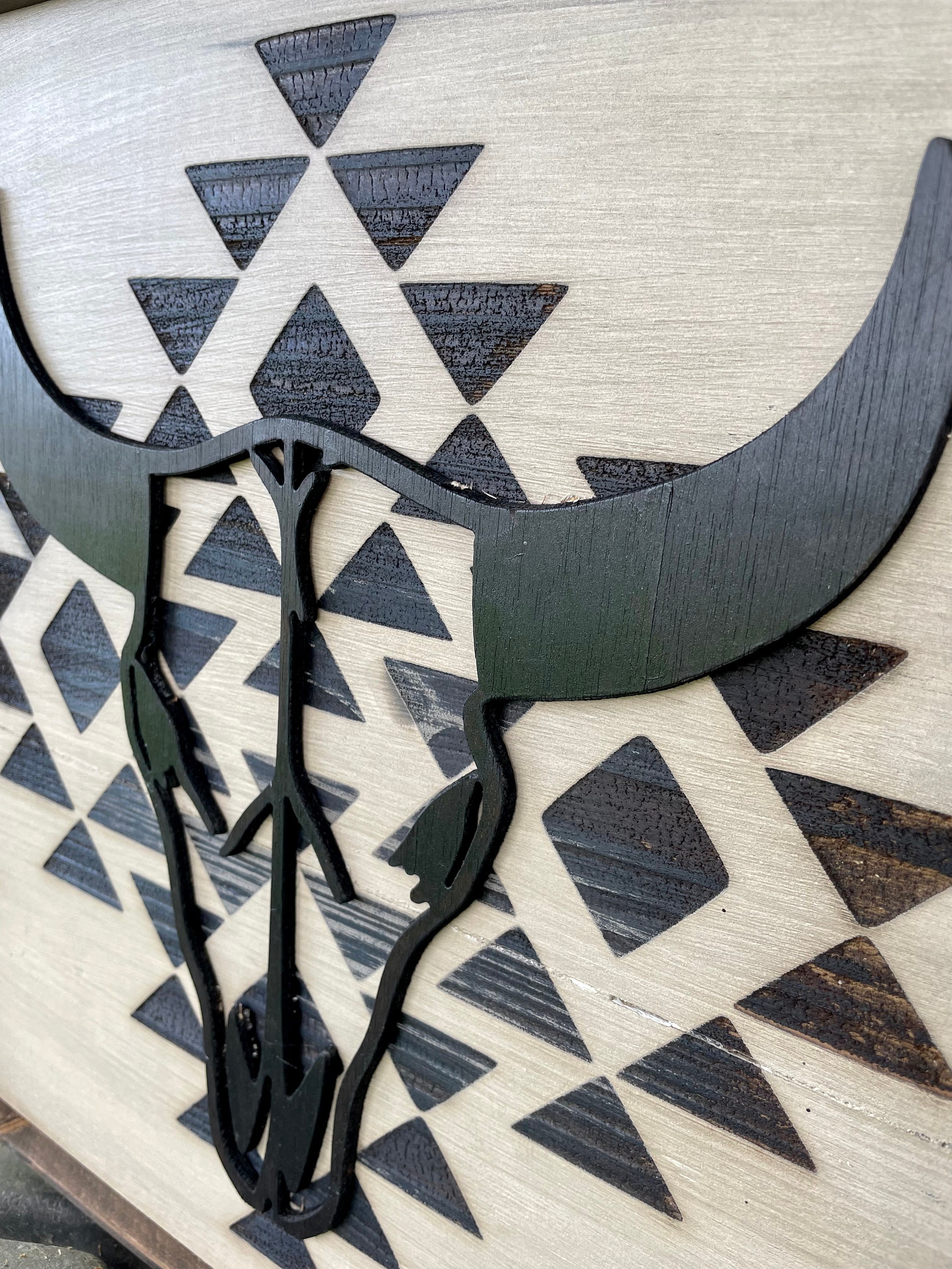 Aztec Cow Skull Head, Wall Hanger, Boho, Wood Decor, Housewarming Gift ...