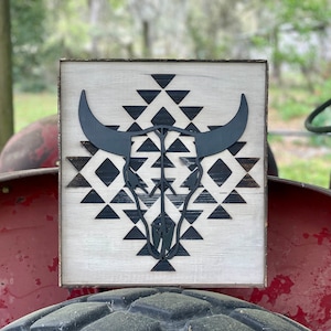 Aztec Cow Skull Head, Wall Hanger, Boho, Wood Decor, Housewarming Gift ...
