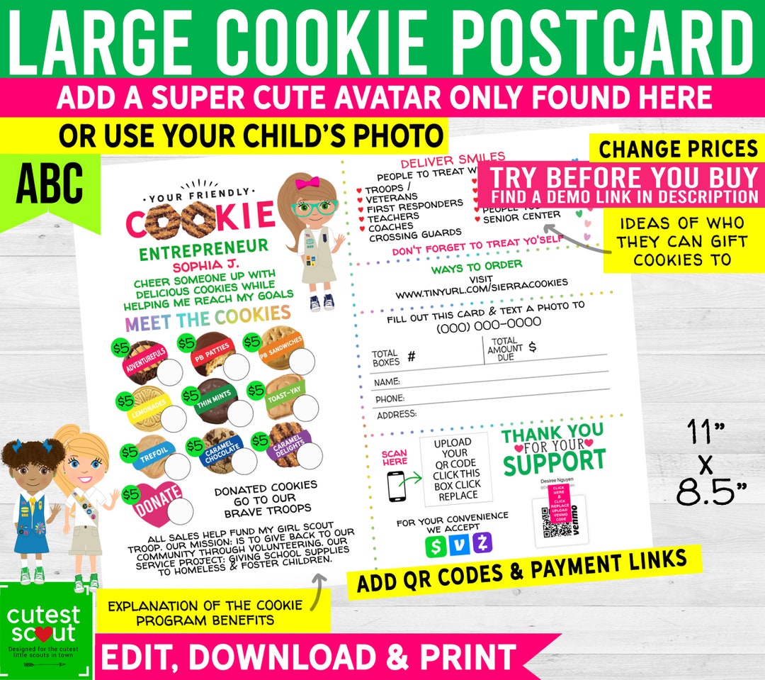 2025 Girl Scout ABC Cookie 8.5 X 11 FLYER Post Cards With Avatars ...