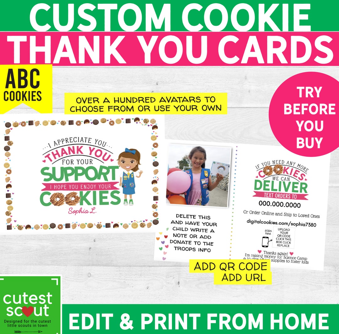 Girl Scout Cookie THANK You Cards (ABC), Add QR Code, Numerous Avatars ...