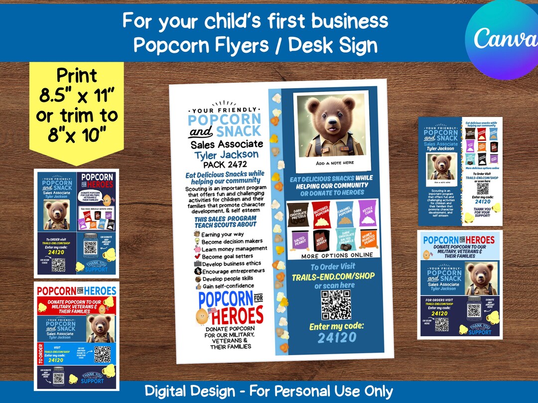 Popcorn Flyers Desk Sign: Canva Template With QR Code (digital Download ...