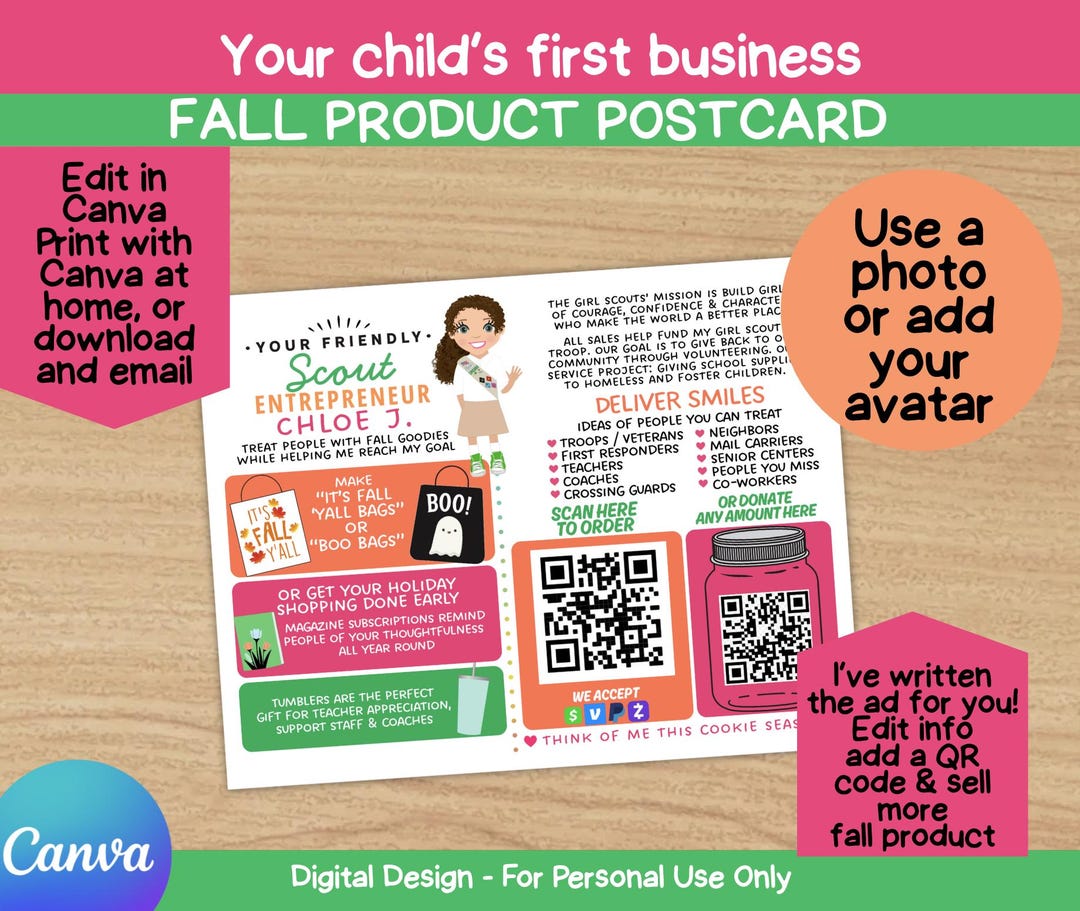 Girl Scout Fall Product Postcards Add Your Avatar, Canva Template - Etsy