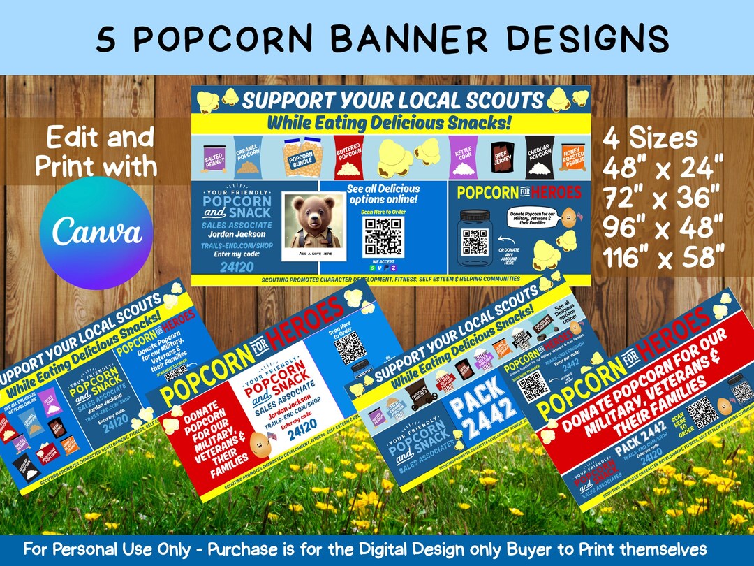 Popcorn BANNER for Scouts: Canva Template With QR Code (digital ...