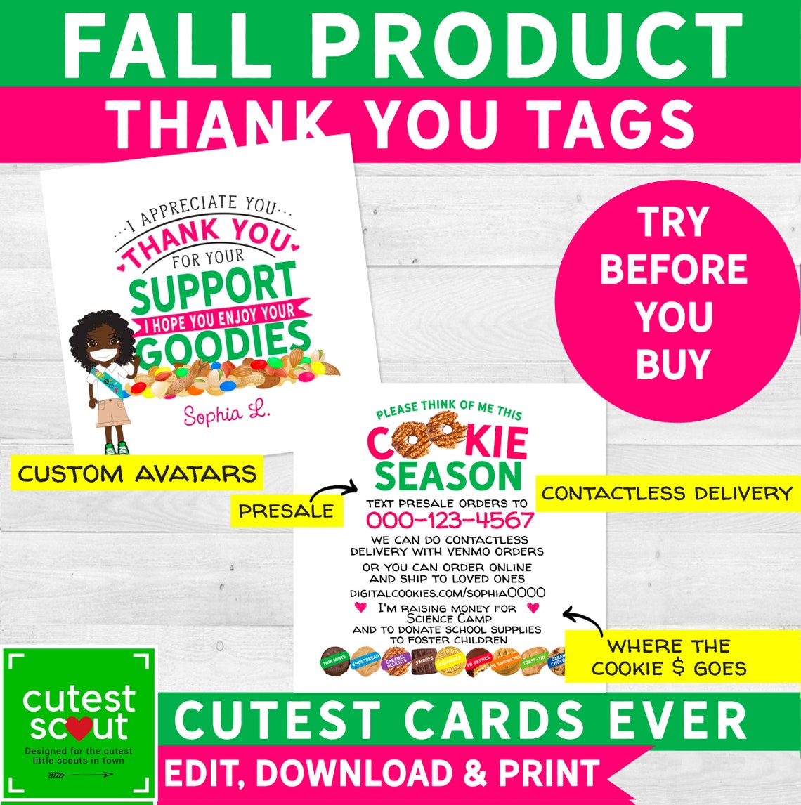 Girl Scout Fall Product 3 ABC Thank You Tags. DIY - Etsy