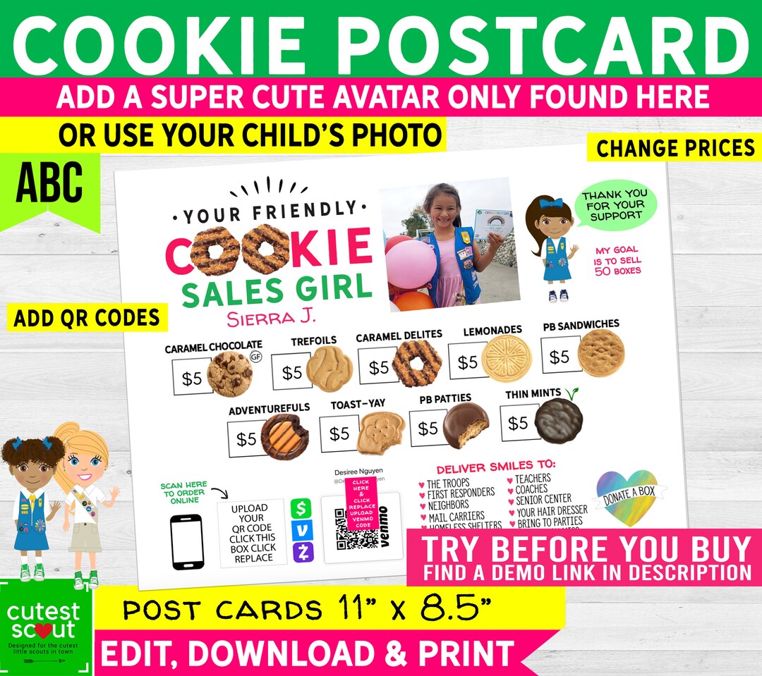 Girl Scout ABC Cookie 8.5 X 11 FLYER Post Cards With Avatars, Digital ...