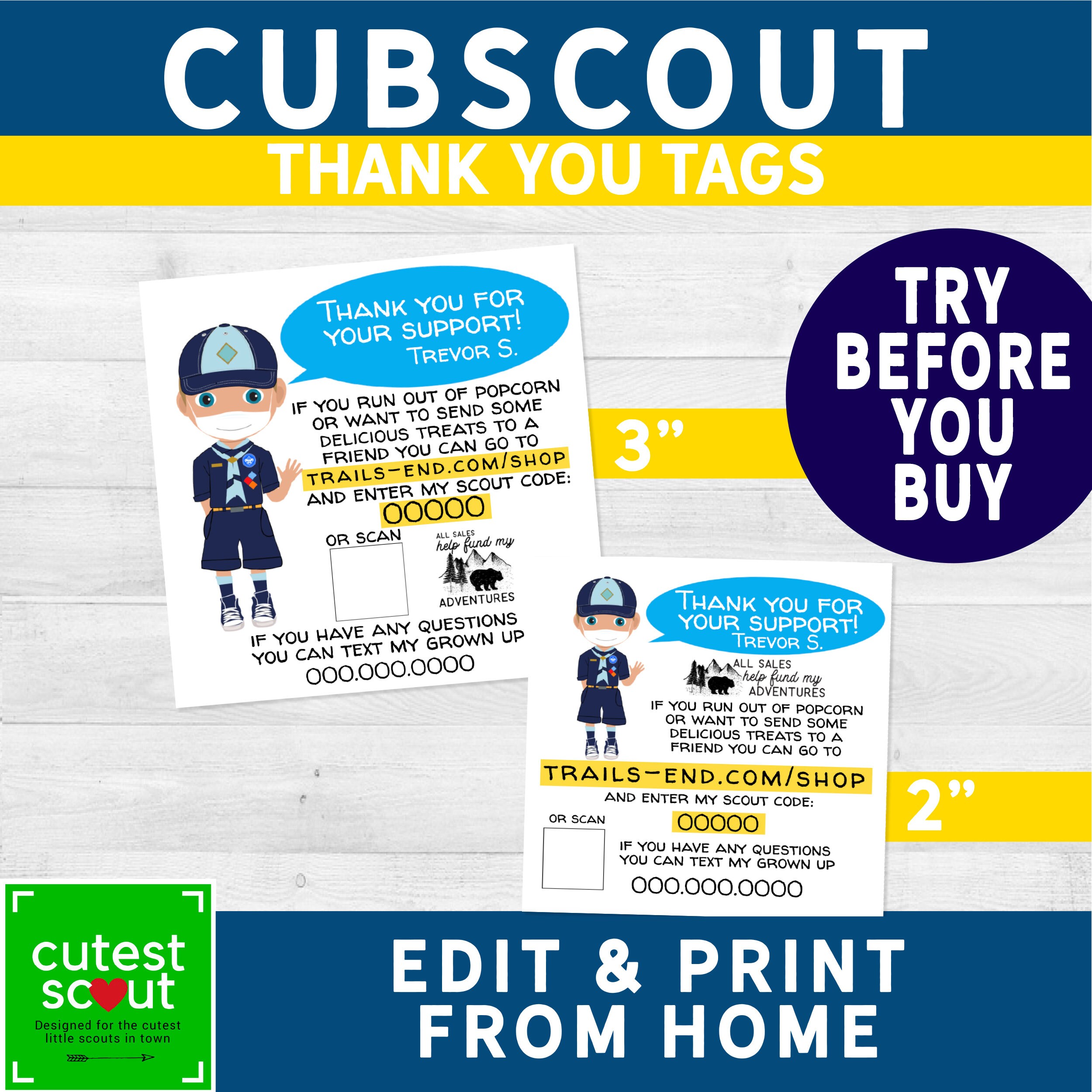 Cub Scout Popcorn Thank you Tags 3 DIY Printable. Make | Etsy