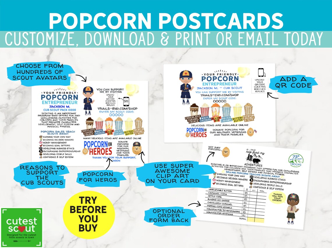 Cub Scout Popcorn Postcards 12 PACK Edit & Print From Home - Etsy