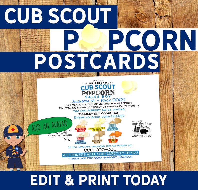 Cub Scout Popcorn Postcard Edit & Print Today Pass Out Mail | Etsy