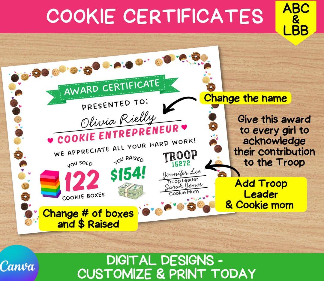 Scout Cookie Awards: Edit in Canva and Print Today. Reward Your Cookie ...