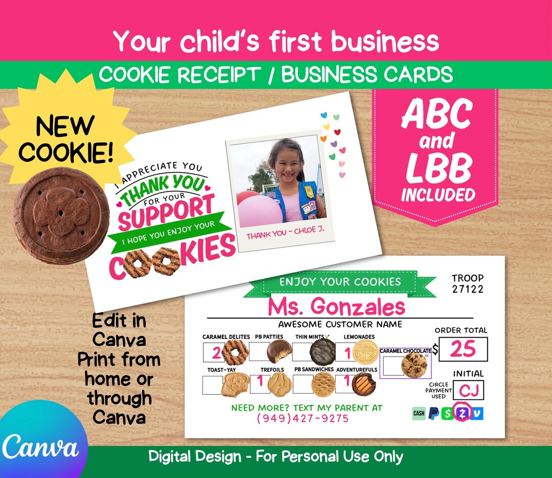 Cookie Receipts / Business Cards for Scouts, Super Cute Designs, Edit ...