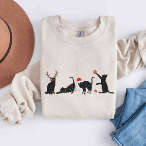 Christmas Black Cat Crewneck Sweatshirt, Santa and Reindeer Cat Sweater ...