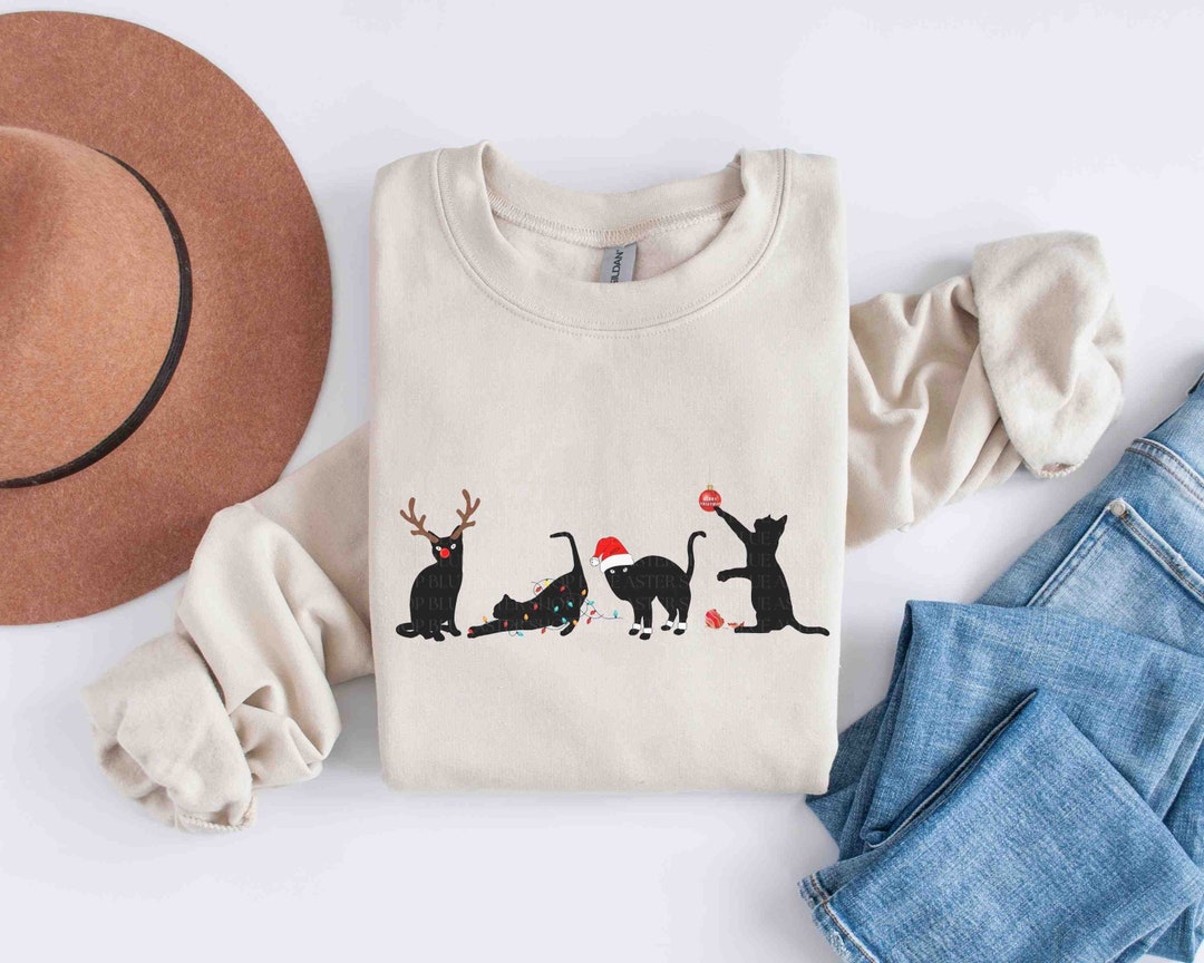 Christmas Black Cat Crewneck Sweatshirt, Santa and Reindeer Cat Sweater ...