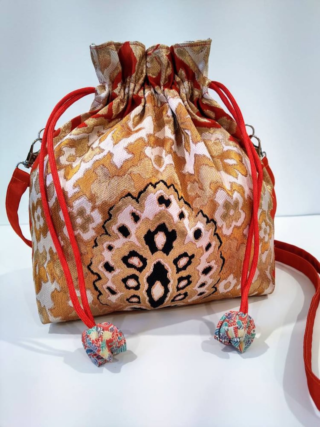 Vintage Kimono Bag, Drawstring Bucket Bag, Silk Bag, Crossbody Bag ...