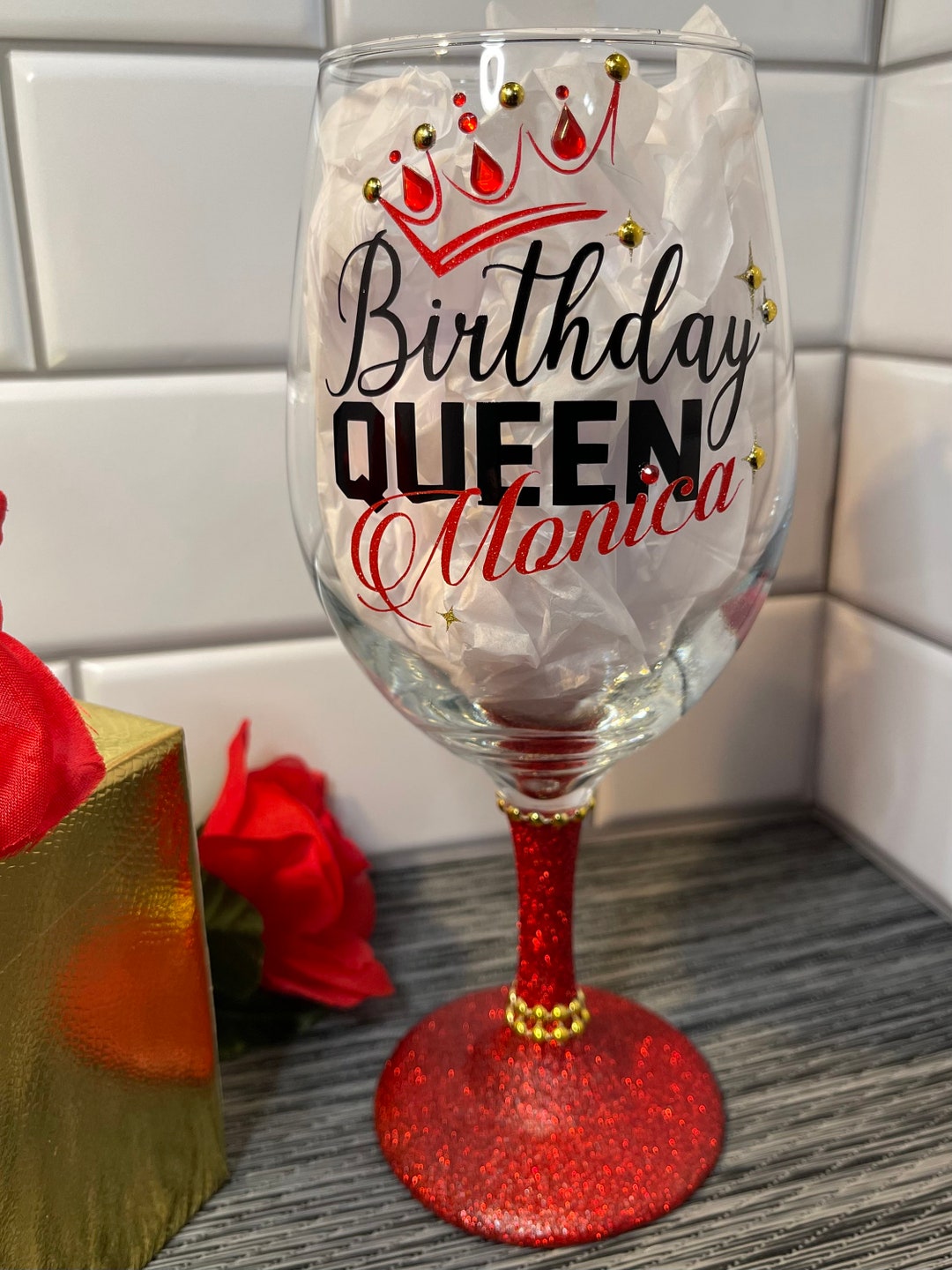 Blinged Birthday Queen Wine Glass Personalized Birthday Glass Etsy