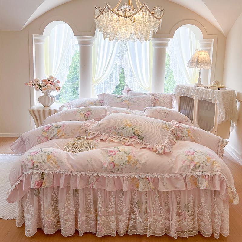 Shabby Chic Floral Cotton Bedskirt Bedding Set A85 Ruffled Pink Rose ...