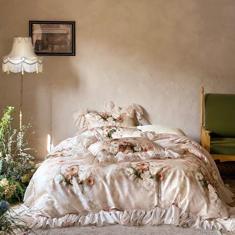 Blush Pink Rose Print A8 Bedding Set: Ruffled Lyocell Cotton, Vintage ...