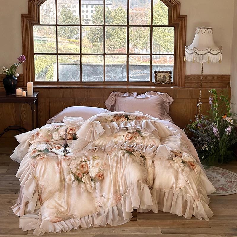 Blush Pink Rose Print A8 Bedding Set: Ruffled Lyocell Cotton, Vintage ...