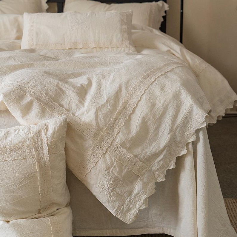 Vintage Cream Lace Linen Duvet Cover Set A54 Soft Textured Bedding With ...