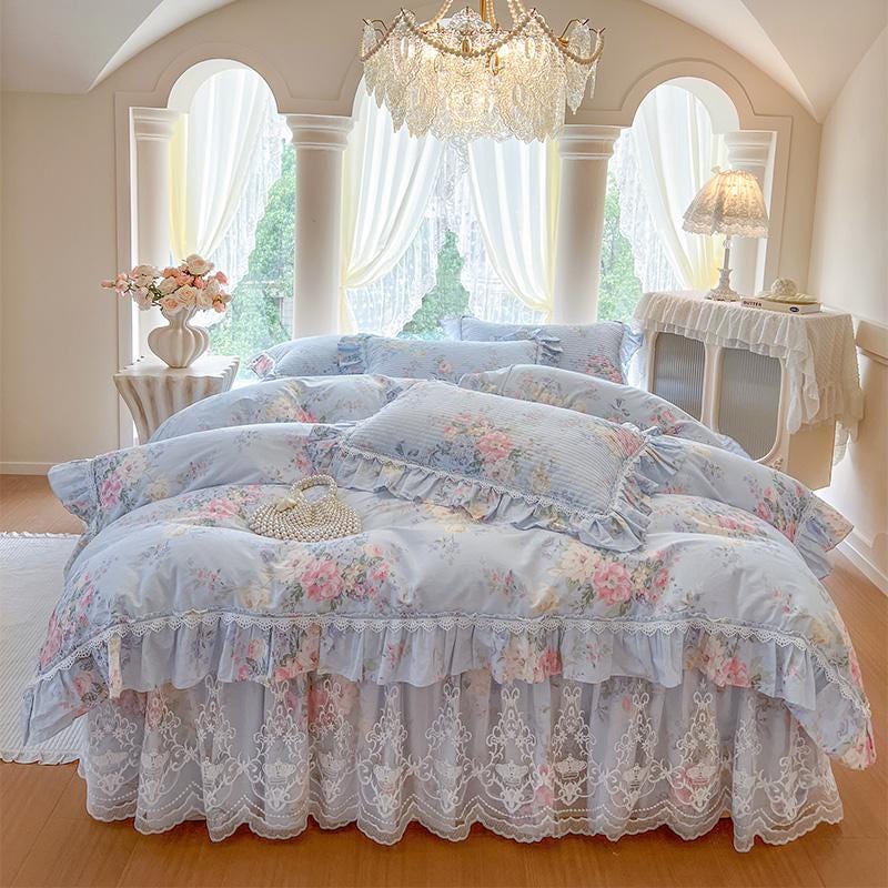 Shabby Chic Floral Cotton Bedskirt Bedding Set A85 Ruffled Pink Rose ...