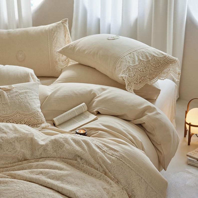 Lace Linen Duvet Cover Set: Cream A47 Vintage Embroidered Bedding - Etsy