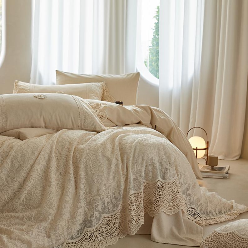 Lace Linen Duvet Cover Set: Cream A47 Vintage Embroidered Bedding - Etsy