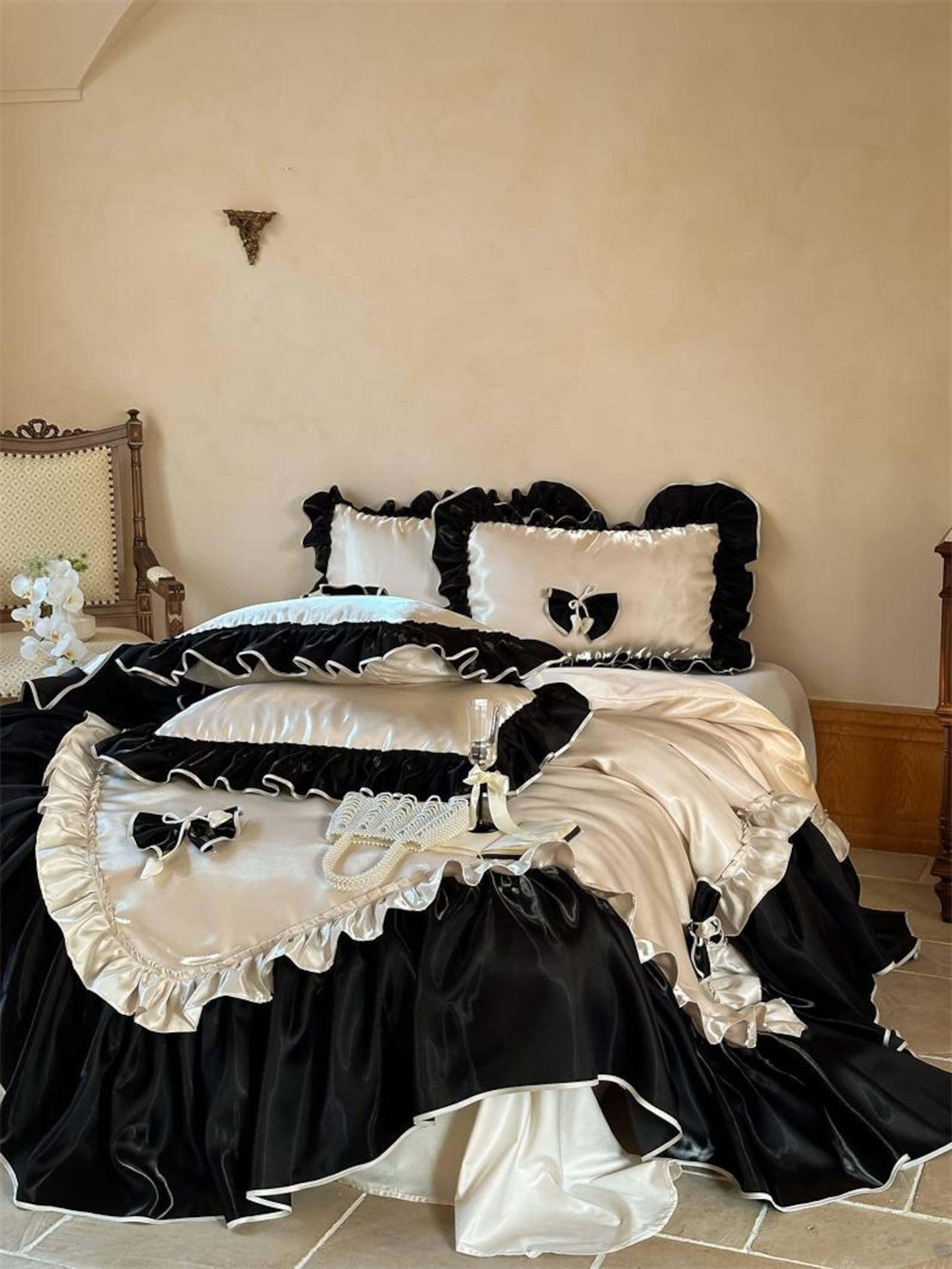 Gothic Coquette Cotton Bedding Set A29 Black Ruffle Bow Duvet Cover ...