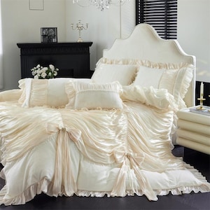 Luxury Ivory Bow Velvet Bedding Set A259 Elegant Draped Ruffle Duvet ...