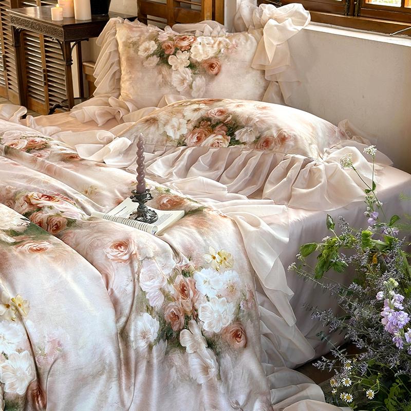Blush Pink Rose Print A8 Bedding Set: Ruffled Lyocell Cotton, Vintage ...